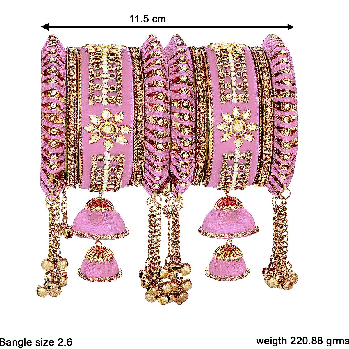 Aheli Wedding Party Designer Velvet Faux Stone Studded Bridal Bangle Set Chuda with Hangings Indian Traditional Ethnic Fashion Jewelry for Women Pink