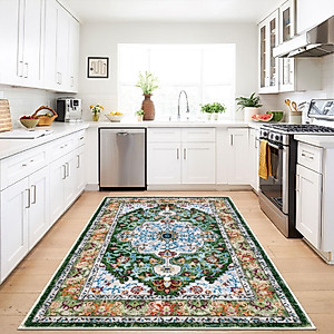 U'Artlines Boho Vintage Area Rug 3x5 Machine Washable Low Pile Soft Floor Carpet Non Slip Non Shedding Accent Rug for Living Room Bedroom Entryway Dining Room Office Green