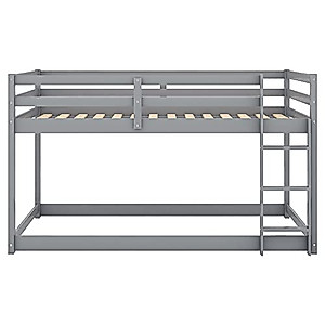 Low Bunk Beds Twin Over Twin Wood Floor Bunk Bed Frame with Slat and Ladder for Kids Boys Girls Toddlers, Gray