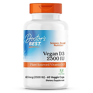 Doctors Best Vegan D3 2500 IU (Vitashine), Plant Sourced Vitamin D3, Non-GMO, Gluten Free, Soy Free, Vegan 60 Veggie Caps