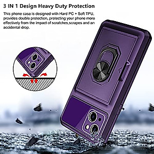 Vofolen for iPhone 13 Case Wallet Cover Credit Card Holder ID Slot Sliding Door Hidden Pocket with 360°Swivel Kickstand 3 in 1 Hybrid Bumper Rugged Phone Case for iPhone 13 6.1 inch 5G GreyPurple