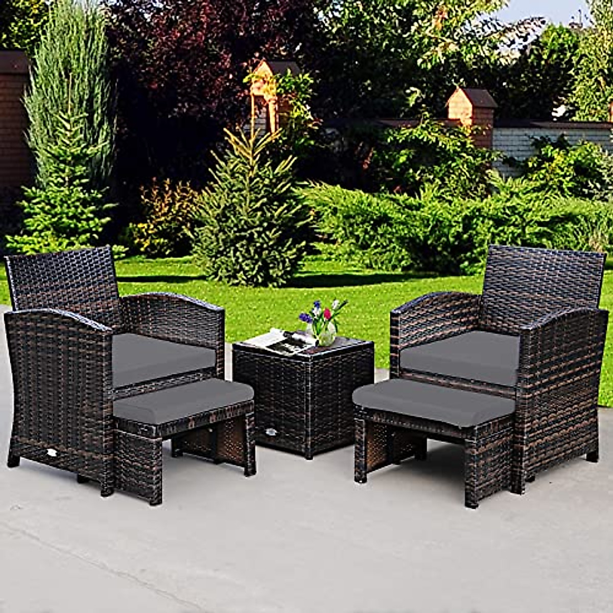Tangkula 5 Pieces Patio Rattan Furniture Set, Outdoor Conversation Set with Cushioned Chair & Ottoman & Tempered Glass Coffee Table, All Weather Patio Sofa Sets for Garden, Backyard, Poolside (Grey)