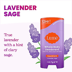 Lume Whole Body Deodorant - Smooth Solid Stick - 72 Hour Odor Control - Aluminum Free, Baking Soda Free and Skin Safe - 2.6 Ounce (Pack of 2) (Lavender Sage)