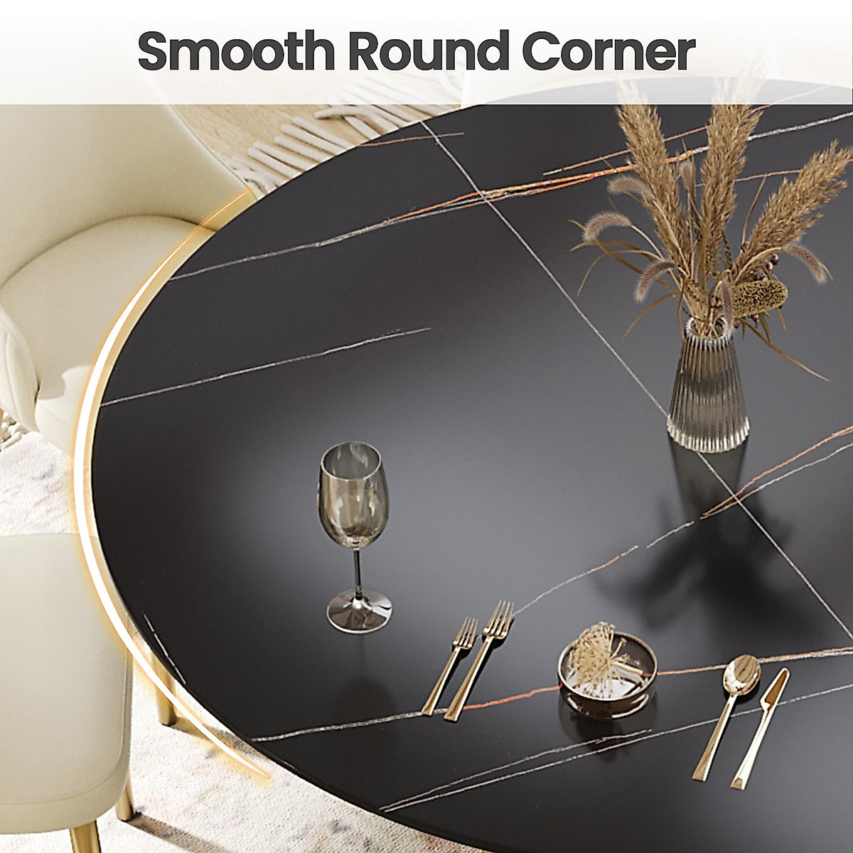 59'' Round Marble Dining Table for 4-6, Black Sintered Stone Circle Kitchen Table Top with Carbon Steel Pedestal, Faux Marble Kitchen Dinner Table for Dining Room/Living Room (Table Only)