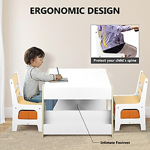 TODEFULL Kids Table and Chair Set, 4-in-1 Wood Activity Table w/Storage Bins, Detachable Tabletop, Blackboard, Bookshelf, Toddler Table and Chairs for Crafts/Drawing/Reading/Playing, Natural & Orange