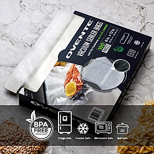 OVENTE Pre-Cut 100 pcs Vacuum Sealer Bags 8” x 12” Works with all Vacuum Sealer Machine, Heavy Duty, BPA-Free for Airtight Food Storage, Meal Prep, Sous Vide, Microwave and Freezer Safe ACPSVPQ100