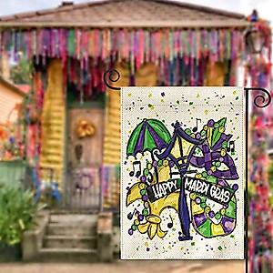 AVOIN Happy Mardi Gras Masquerade Mask Fleur de Lis Umbrella Garden Flag Vertical Double Sided, Holiday Party Mardi Gras Bead Lamp Yard Outdoor Decoration 12x18 Inch