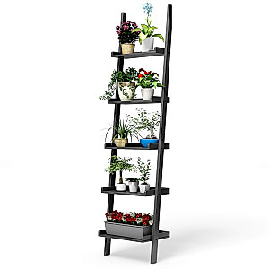 Tangkula Ladder Shelf, 5-Tier Multifunctional Modern Wood Plant Flower Book Display Shelf, Home Office Storage Rack Leaning Ladder Wall Shelf (Black, 2)