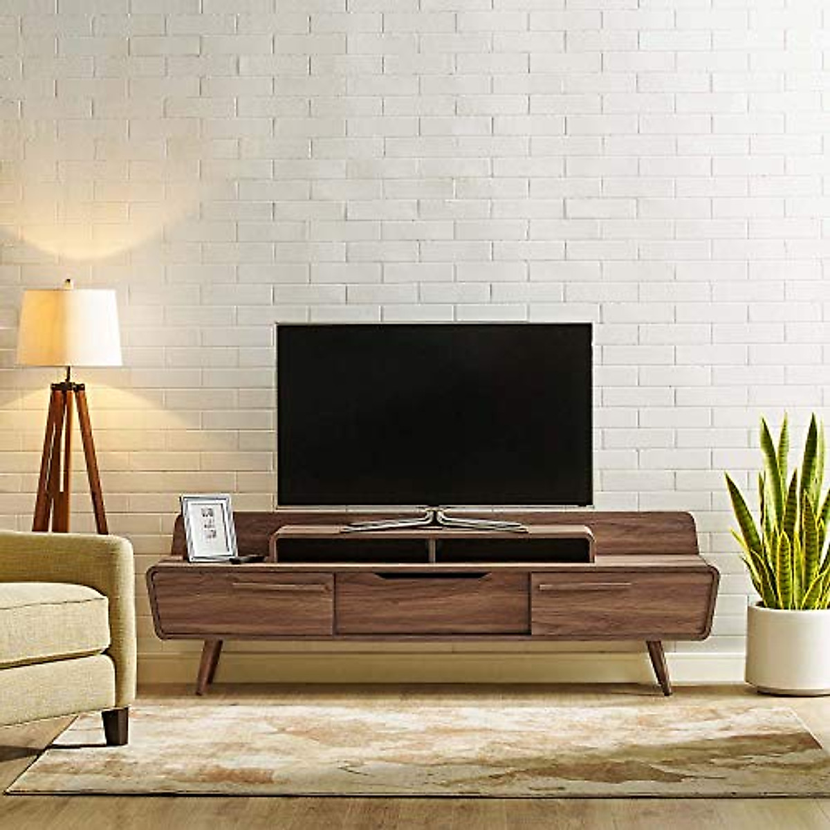 Modway Omnistand 74" Mid-Century Modern Low Profile Media Console Entertainment TV Stand in Walnut