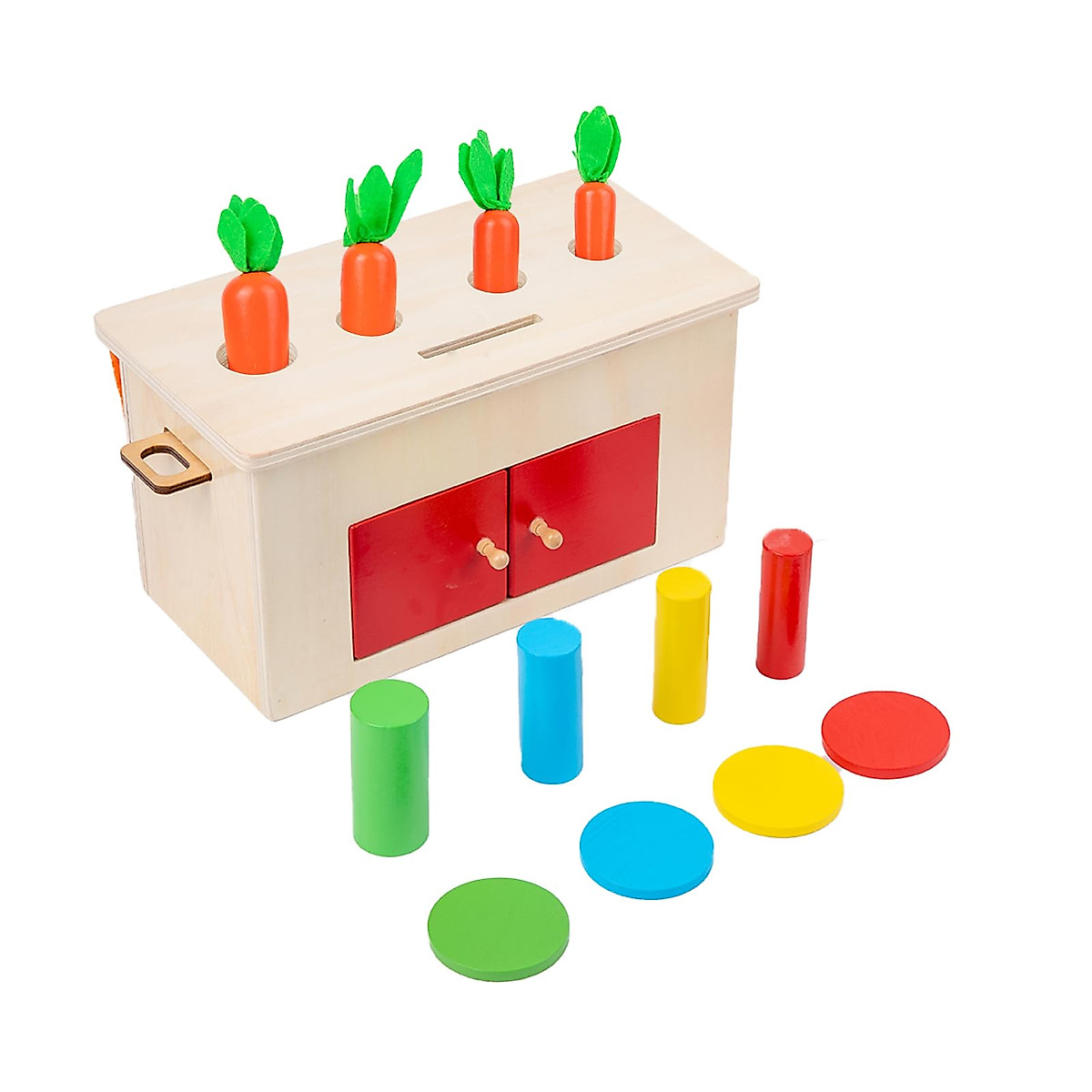 Adena Montessori 4-in-1 Play Kit Box for Infants,Toddlers and Babies 6-12 Months, 1 Year, 2 Year and 3 Year- Includes Coin Box, Cylinder & Carrot Drop Box, and Blind Touch Perception Box with Door