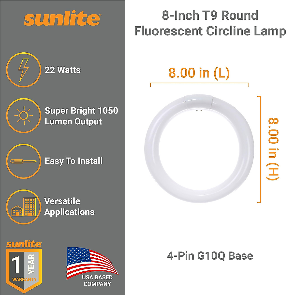 Sunlite 41314 FC8T9/DL 8-Inch T9 Round Fluorescent Circline Lamp, 22 Watts, 1050 Lumens, 6500K Daylight, G10Q 4-Pin Base, 1 Pack