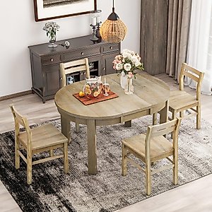 Merax Round Dining Table Set for 4, Extendable Wood Frame with Drawers and Wooden Chairs, Built-in 16" Removable Leaf, Natural