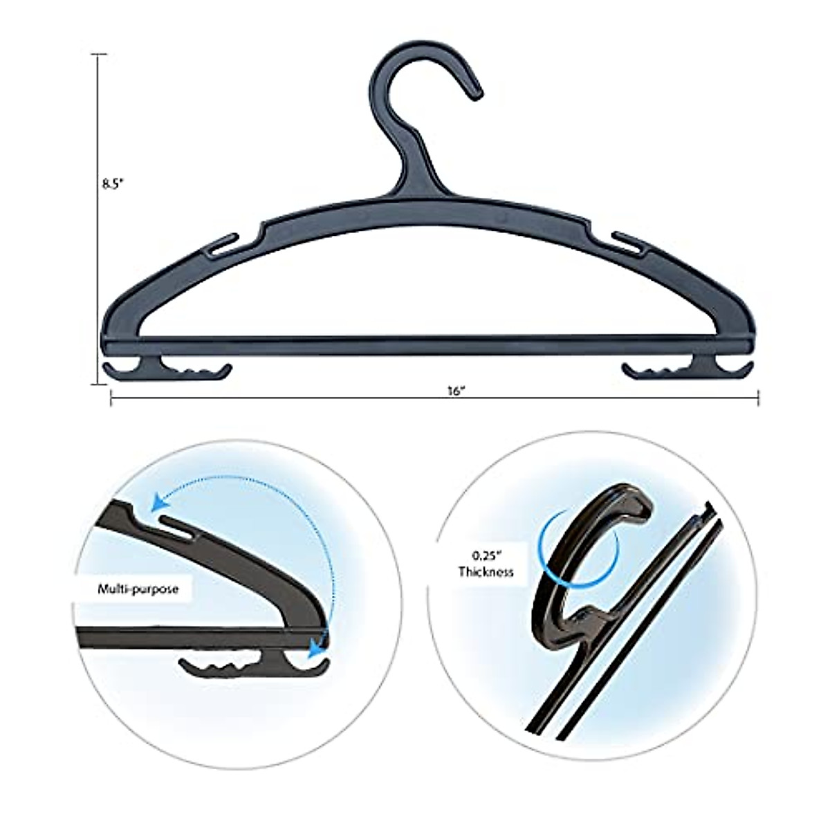 Lily's Home Space Savers Heavy Duty Plastic Hangers with Skirt and Strap Hooks and Non Slip Grips for Strappy Clothing (Black, Pack of 20)