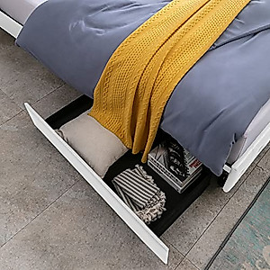 Horgaeo California King Size Bed Frame with 4 Storage Drawers and Button Decoration Liftable 5cm PU Headboard,No Box Spring Needed, Modern Iron-Wood Frame Easy Assembly, White.