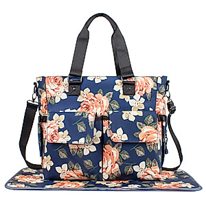 H HIKKER-LINK Womens Large Floral Waterproof Diaper Bag Weekend Bags Handbag for Mom Tote Bag Changing Pad Dark Blue