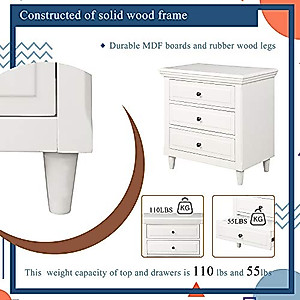 Knocbel 3-Drawer Night Stand, Solid Wood Bedside Nightstand Sofa Side End Table, Fully Assembled, 28.1" H x 27.9" W x 16.9" D (White)