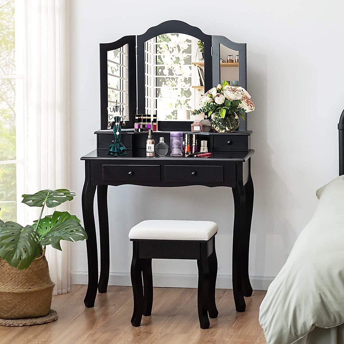 RIVALLYCOOL 2-in-1 Vanity Table Set, Multipurpose Dressing Desk Set with 4 Drawers Tri-Folding Mirror, Cushioned Stool, Wood Table with with Modern Shape, Bedroom Bathroom Makeup Table (Black)