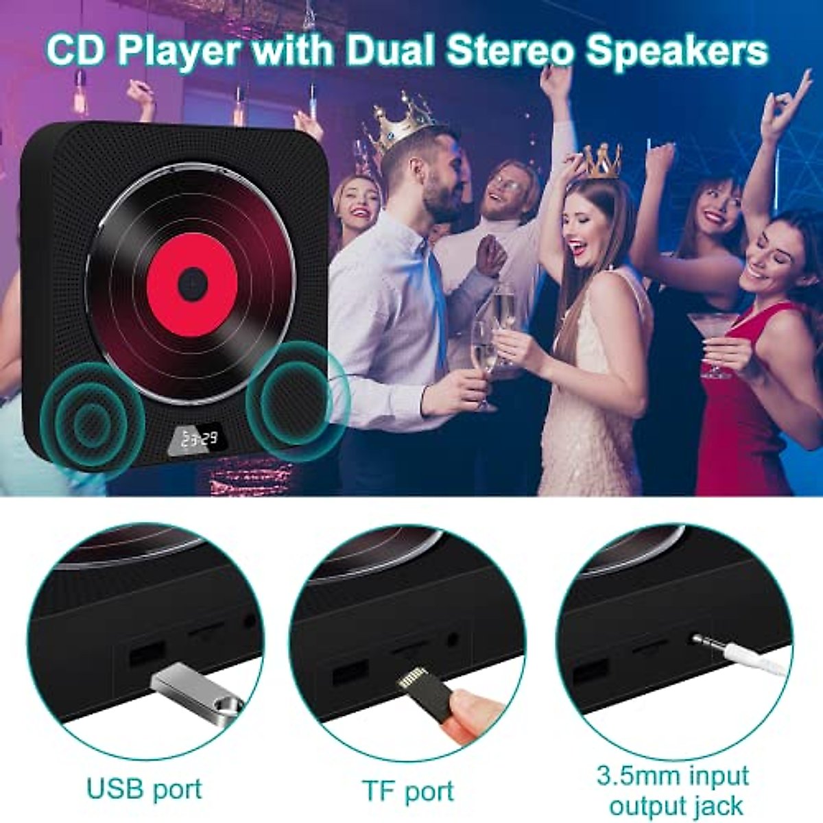 Portable Bluetooth CD Player,Wall Mountable CD Player for Home with Remote Control Dust Cover LCD Display Built-in HiFi Speakers FM Radio,Support CD/MP3/USB/TF/AUX Input Output (Black)