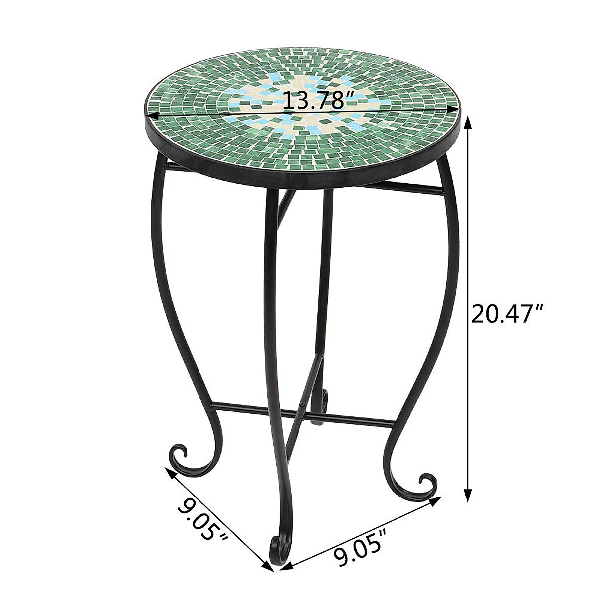 yzohu Birsppy Amuro Mosaic Accent Table Round Side Table, Wrought Iron Stained Glass Patio Flower Stand Outdoor Coffee End Table, Indoor Outdoor for Patio Lawn Garden Home (Green Surface)