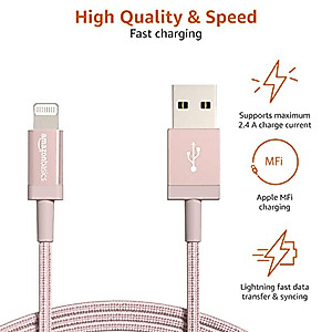 Amazon Basics Nylon Braided USB-C to Lightning Cable, MFi Certified Charger for iPhone 14 13 12 11 X Xs Pro, Pro Max, Plus, iPad, Rose Gold, 3-Foot