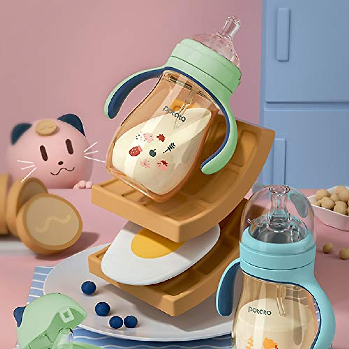 POTATO Baby Bottle with Medium Flow Nipple and Learner Sippy Cup Soft Spout, 240ML/8oz, Green