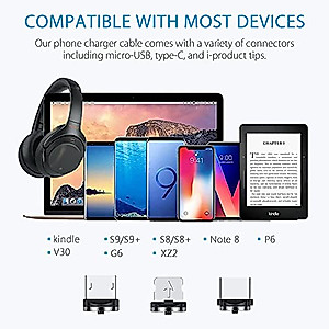 Terasako Magnetic Charging Cable 5-Pack (3/3/6/6/10FT) - 540° Rotating Magnetic Phone Charger Cable with LED Light - 90° Angle Connector, Nylon-Braided Cords (Black)