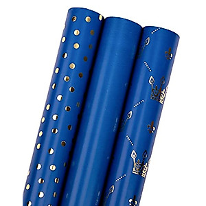 MAYPLUSS Wrapping Paper Set - Mini Roll with Bow & Ribbon & Gift Tags & Stickers - 17 inch X 120 inch Per roll - Royal Blue Design (42.3 sq.ft.TTL)