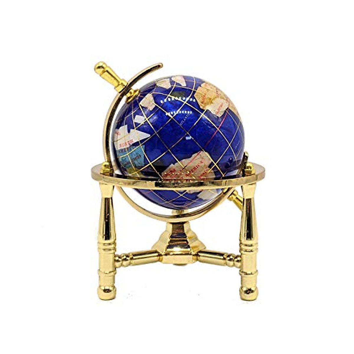 Unique Art 6-Inch Tall Bahama Blue Swirl Pearl Ocean Mini Table Top Gemstone World Globe with Gold Tripod