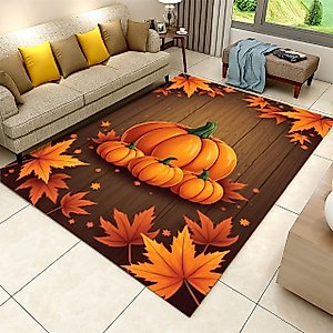 YJDRUG Happy Thanksgiving Area Rug,5x7ft, Autumn Pumpkin Maple Leaf Wood Grain Print Rugs, Fall Vintage Farmhouse Decor Non-Slip Decorative Rug for Living Room Bedroom Office Kids Room Baby Room