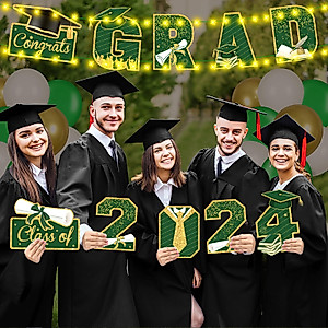 Graduation Party Decorations Green Gold Grad 2024 Porch Sign Door Banner with LED Light Class of 2024 Congrats Grad Banner Congratulation Party Hanging Sign for High School Graduation Party Decor