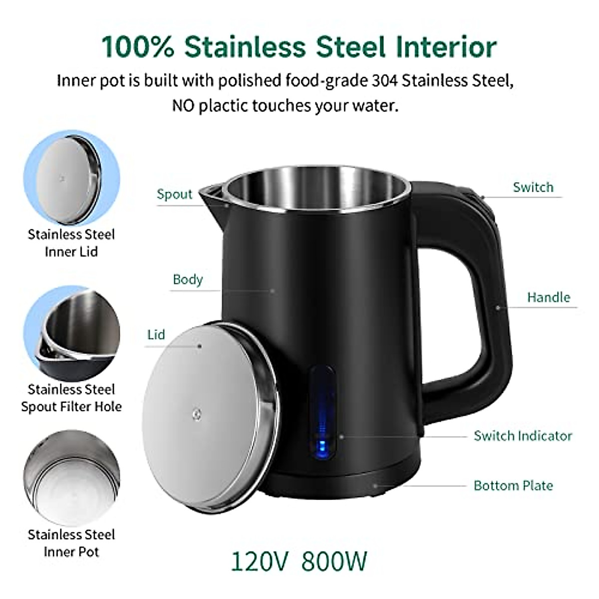 0.8L Small Portable Electric Kettles for Boiling Water, Mini Stainless Steel Travel Kettle, Portable Mini Hot Water Boiler Heater, Quiet Fast Boil with Boil-Dry Protection (Black)