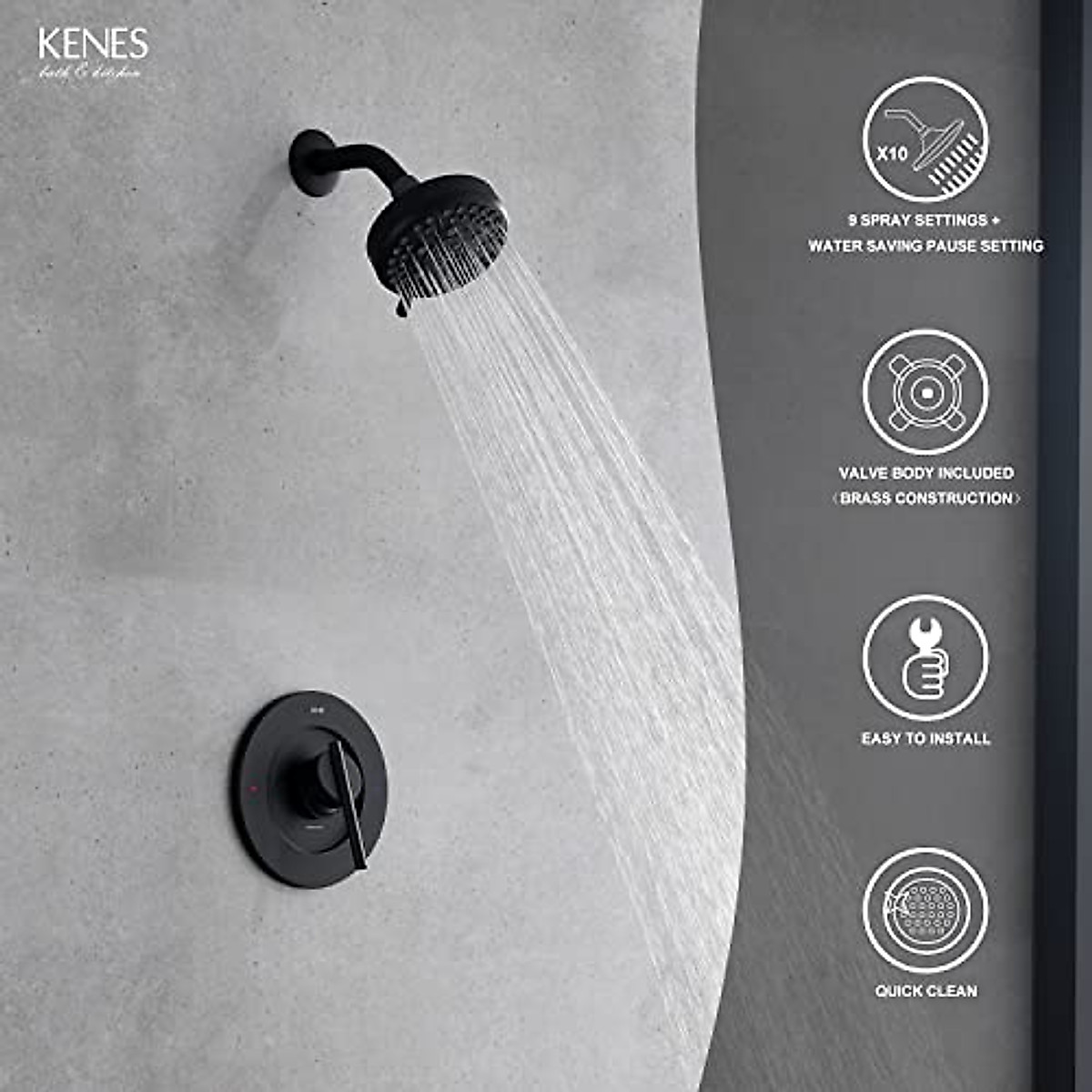 KENES Matte Black Single Handle Shower Faucet, Modern Shower Trim Kit with 10-Spray, Rainfall Shower System Bathroom Shower Trim Systems Wall Mount, KE-6019B-2 (Shower Valve Included)