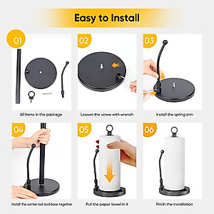 Paper Towel Holder Stainless Steel - One Hand Tear Paper Towel Dispenser Standing Weighted Base Non Slip, Spring Arm, Stainless Steel Paper Towel fits in Kitchen Bathroom Countertop Black