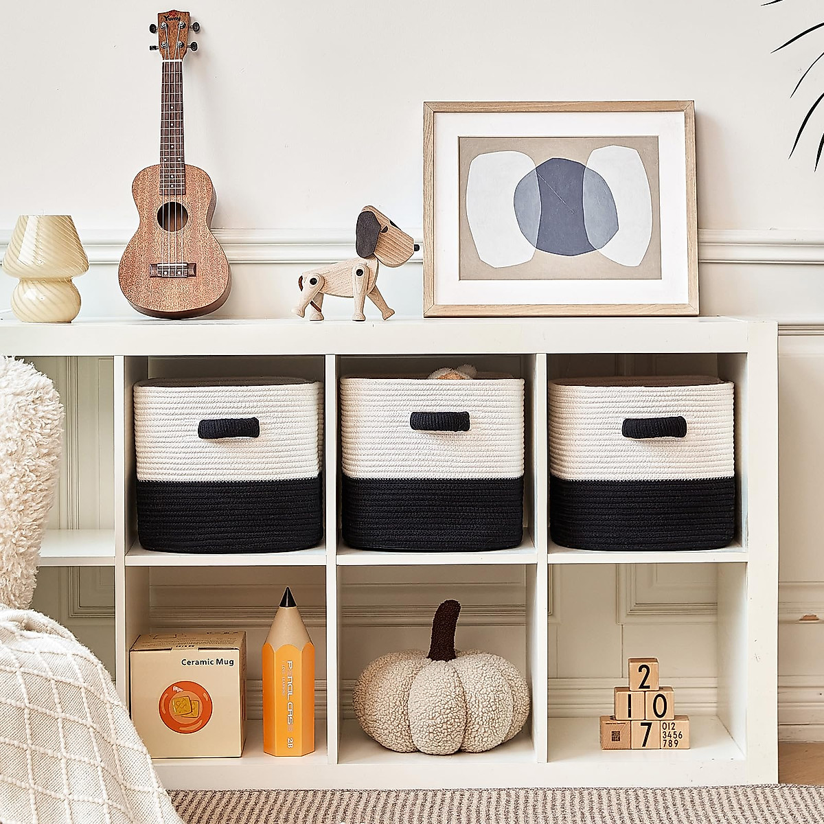 R RUNKA Storage Cube Baskets for Organizing-3 Pack - 11 inch Square Baskets for Cube Storage Closet Storage Bins- Woven Cube Storage Bins for Shelves- Cube Drawer-Toy Storage |White & Black