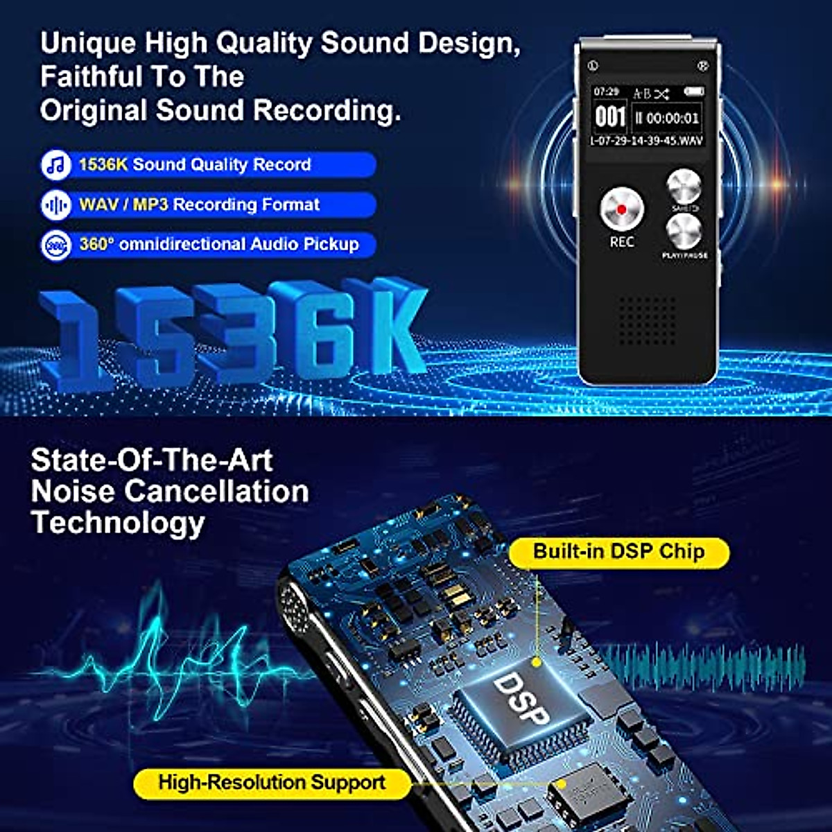 32GB Digital Voice Recorder - Voice Activated Recorder with Playback, Portable Tape Recorder for Lectures, Meetings, Interviews, Audio Recorder with Microphone USB Cable, MP3 Player