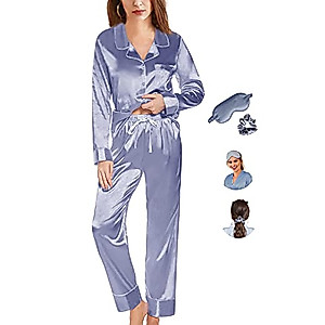 WJing Yi Jia Womens Pajama Set Silk Satin Pajamas Long 2pc Pjs Button Down Sleepwear Pj Set Loungewear
