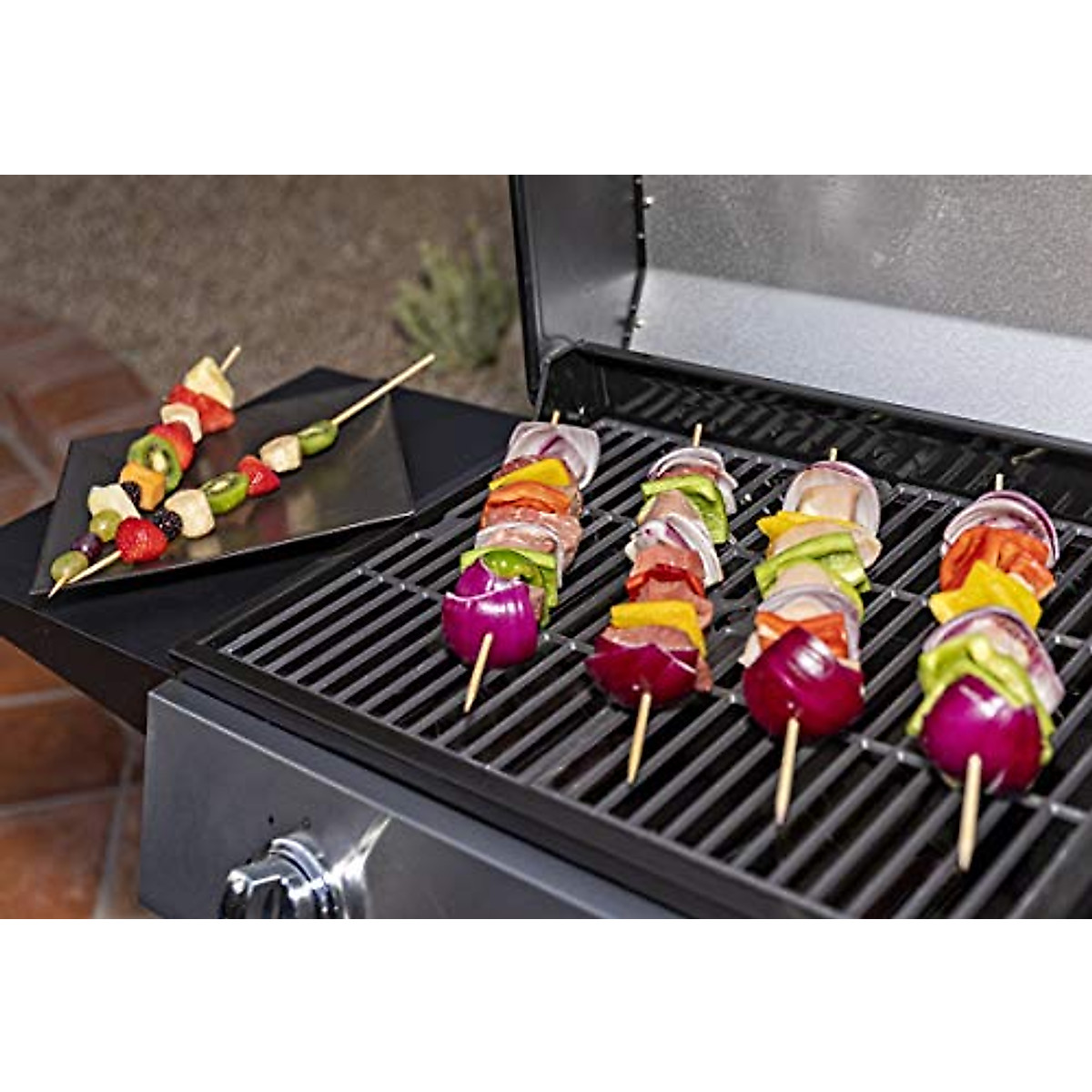 J-Line Design 100 All Natural 16 Inch Bamboo Skewers for BBQ, Grill, Shish Kabob, Appetizers, Fruit, Vegetables, Marshmallows and More - in PVC Tube Case Complete with Silicone Sauce Basting Brush