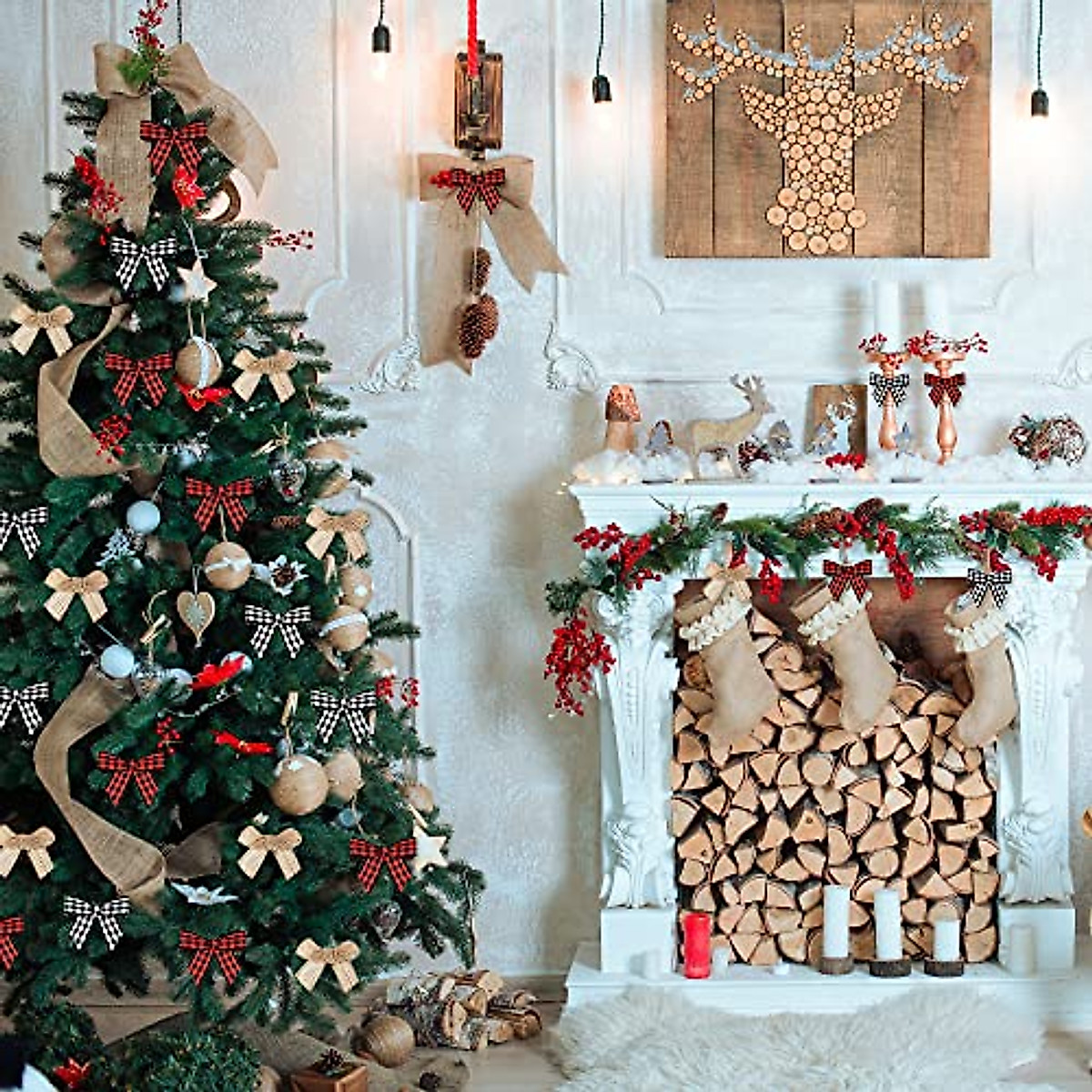 JOICE 120pcs Christmas Mini Burlap Bow Buffalo Plaid Bow for Craft，White and Black Checkered Bows Red and Black Gingham Ribbon Bows Farmhouse Home Decoration for Christmas Tree Gift Decorations (3 Colors)
