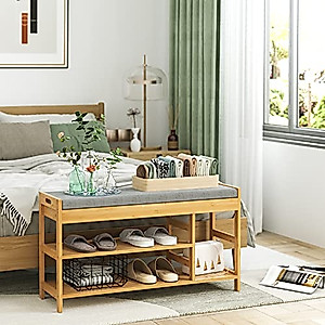 HIFIT Bamboo Shoe Bench, Rack with Storage And Padded Seat, Oiganizer Shelf for Entryway Mudroom Bathroom, Natural