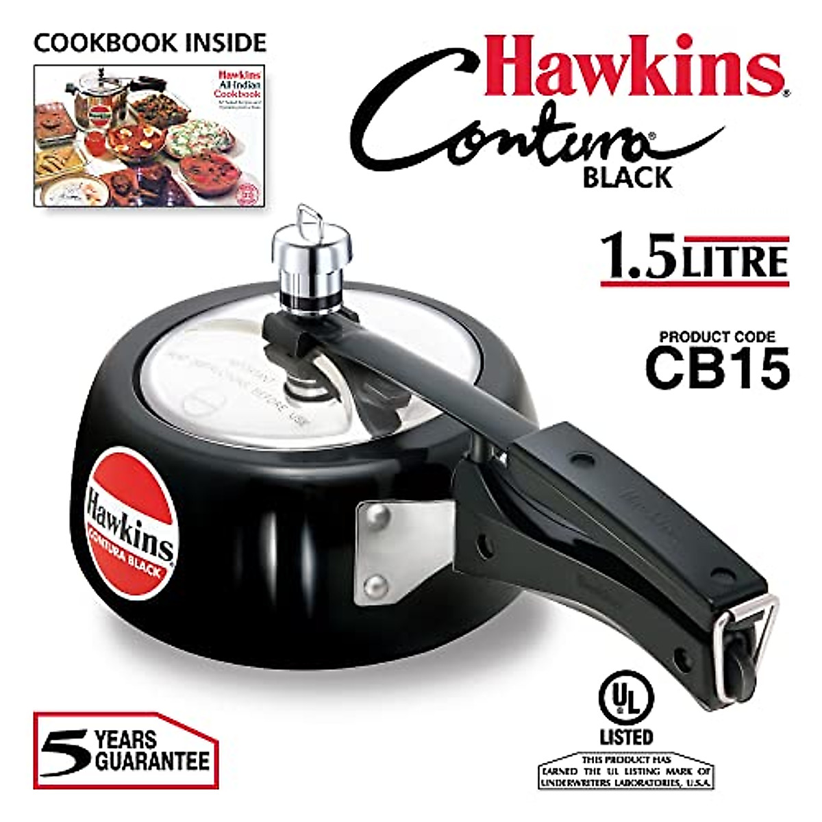 Hawkins CB15 Hard Anodised Pressure Cooker, 1.5-Liter, Contura Black