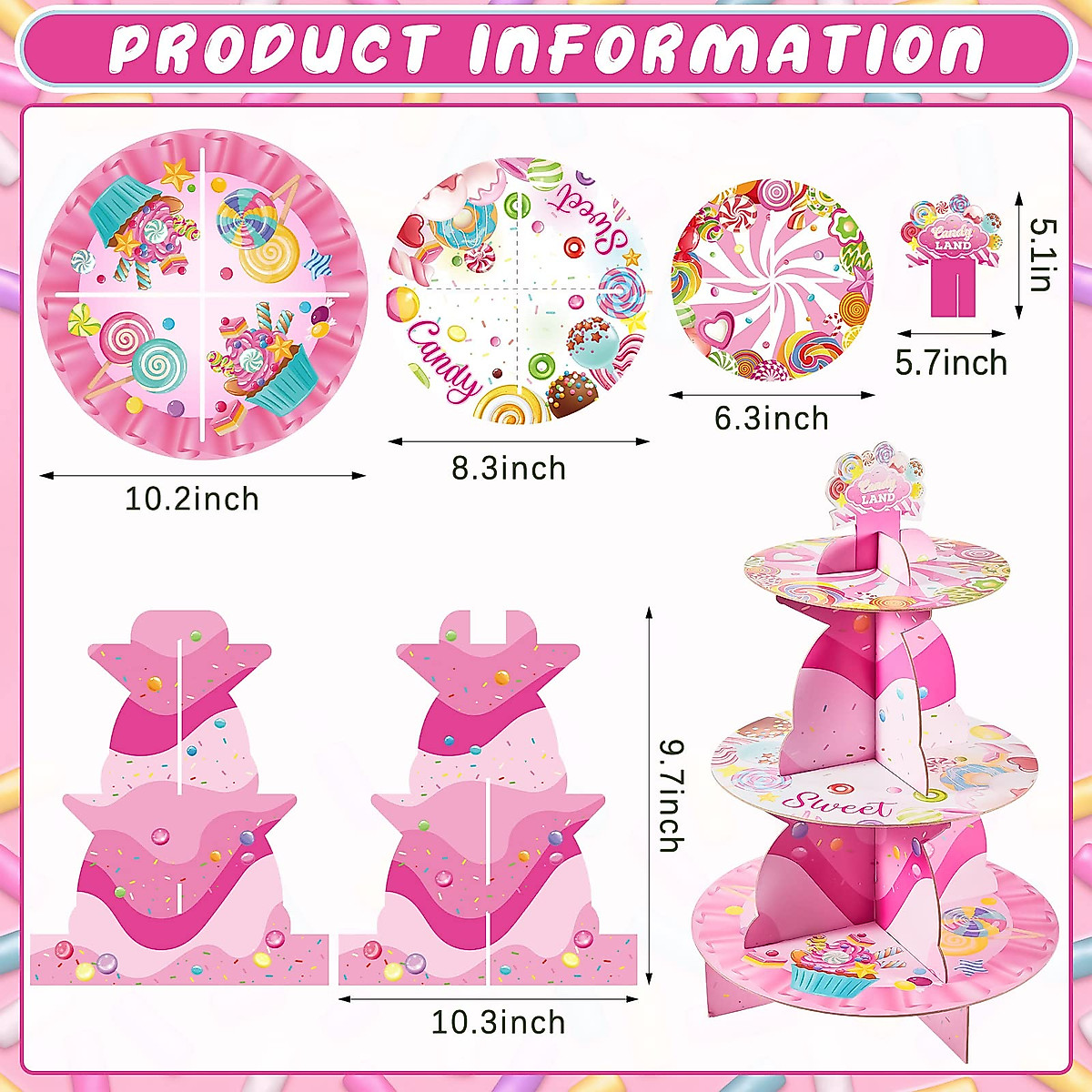 Zubebe 2 Pcs Candyland Party Decorations 3 Tier Cupcake Holder Candyland Decorations Pink Cupcake Stand Candyland Cardboard Cupcake Holder Candy Land Dessert Stand for Birthday Baby Shower Shop Party