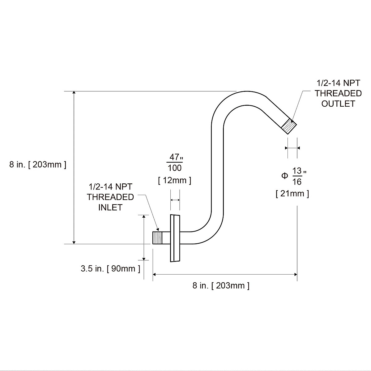 OFFO Shower Head Extension Arm 8 Inch, Brushed Nickel S Shaped Shower Arm with Flange High Rise Goose Neck Shower Arm Extension
