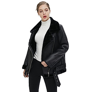LY VAREY LIN Women's Faux Shearing Leather Jacket Warm Thickness Moto Coat Winter Shearling Coat Lined Parka (XL Black)