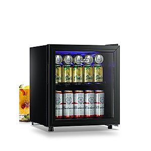 Beverage Refrigerator Cooler 60 Can Mini Fridge Glass Door for Beer Drinks Wines Juice, Adjustable Shelves Blue LED Lights and User Friendly Temperature Knob for Home Office Dorm Bar 1.6 Cu. Ft