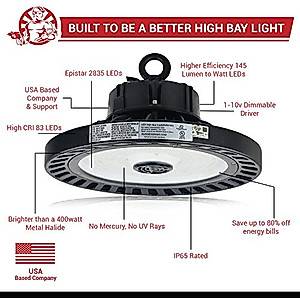 RuggedGrade 40,000 Lumen LED High Bay Light - Titan III 300 Watt LED High Bay Lighting UFO LED Light - Ultra Efficient 150 Lumens to watt - 5000K – Dimmable - DLC Premium