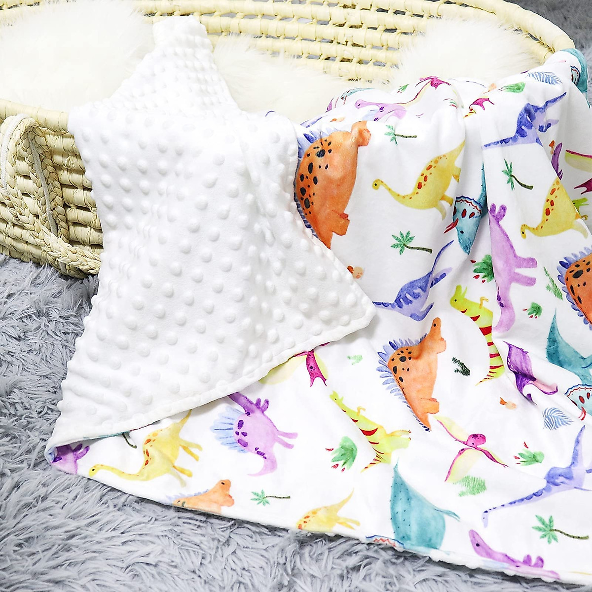 Dinosaur Baby Minky Blanket and Crib Sheet, Soft Blanket for Boys Girls, Standard Crib Fitted Sheet