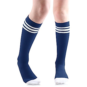 juDanzy 2 Pack of Baby, Toddler and Kids Knee High Tube Socks for Boys and Girls with Grips (4-6 Years, Navy & Columbia Blue Stripes)