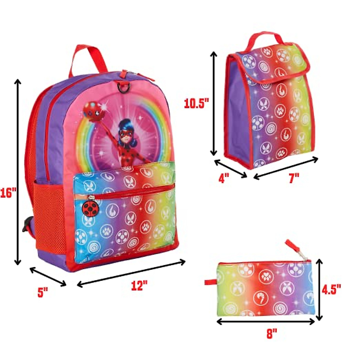 Miraculous Ladybug Backpack Set with Lunch Bag for Girls, 16 inch, 5 Piece Value Set, Rainbow