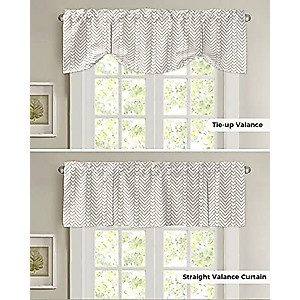 Semi Sheer Valance Adjustable Kitchen Valance for Windows, Modern Herringbone Geometric White and Gold Valances for Bathroom Bedroom Living Room, Tie-up Rod Pocket Decorative Window Curtain 42"x18"