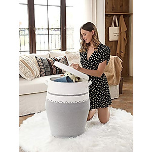 26" x 20" Tall Extra Large Storage Basket with Lid, Cotton Rope Storage Baskets, Woven Laundry Hamper with Cover, Toy Storage Bin, for Toys Blanket in Living Room, Baby Nursery, White/Grey